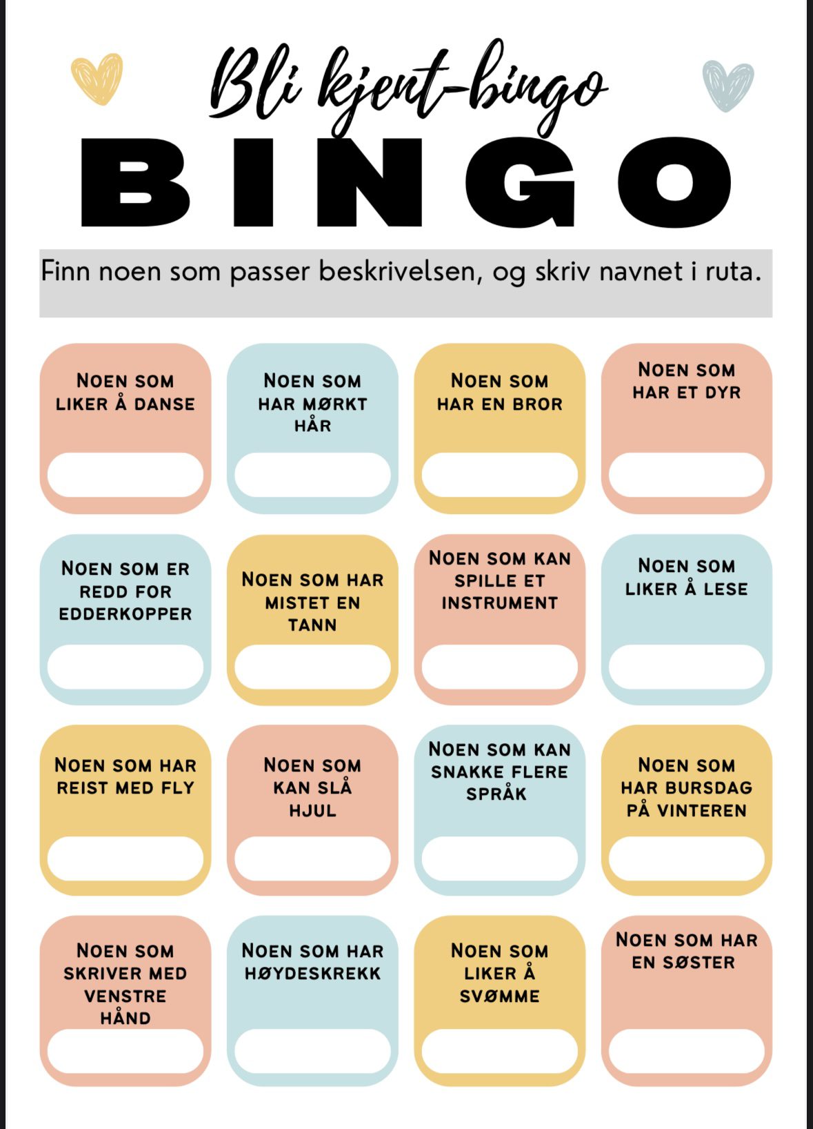 Bli kjent-bingo | Undervisningsbyen.no