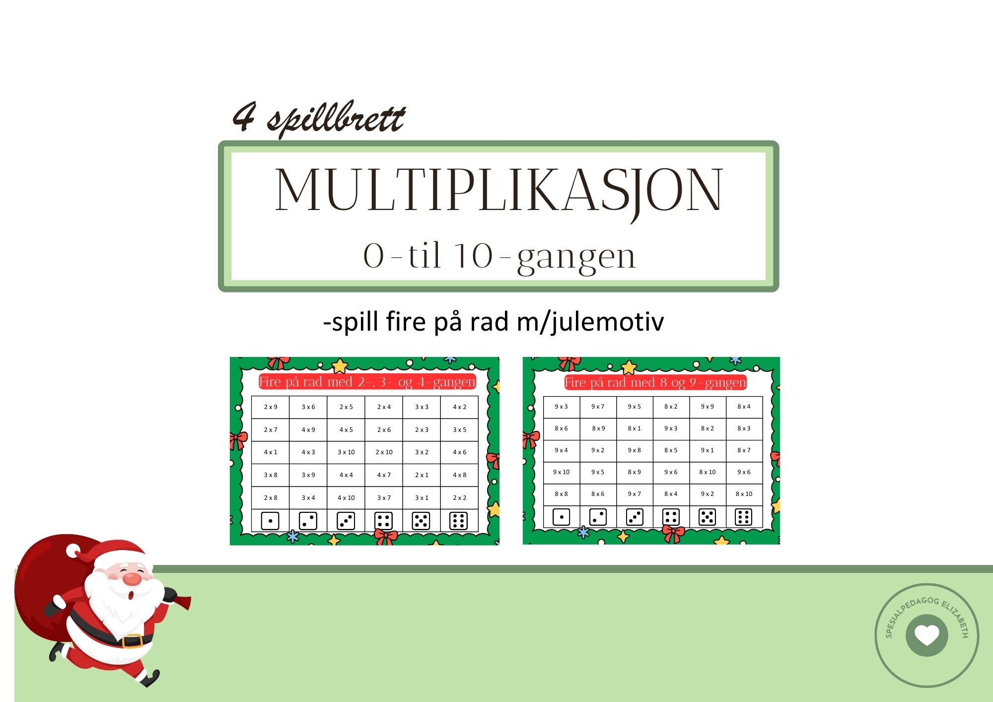 Multiplikasjon for 0 til 10-gangen m/juletema - spill fire på rad ...